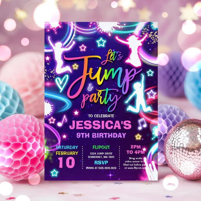 Jump Birthday Party Neon Glow Jump Party Invitation | Zazzle