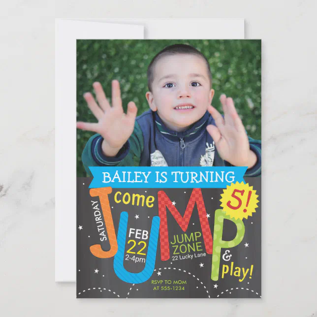 Jump Birthday Party Photo Brights on Chalkboard Invitation | Zazzle