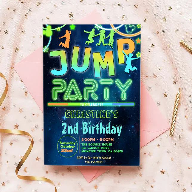 Jump Bounce Neon Jumping Trampoline Birthday Party Invitation | Zazzle