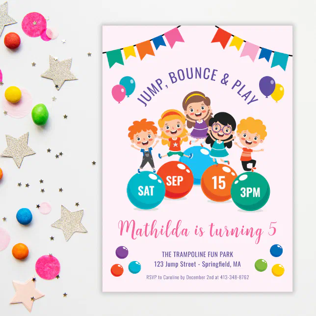 Jump Bounce Play Indoor Playground Birthday Party Invitation | Zazzle