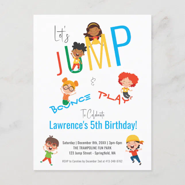 Jump Bounce Play Trampoline Park Party Birthday Postcard | Zazzle
