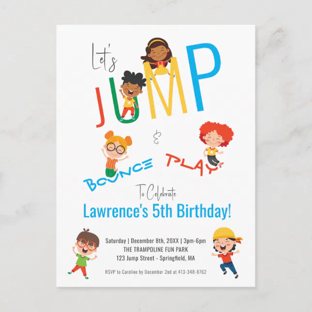 Jump Bounce Play Trampoline Park Party Birthday Postcard | Zazzle