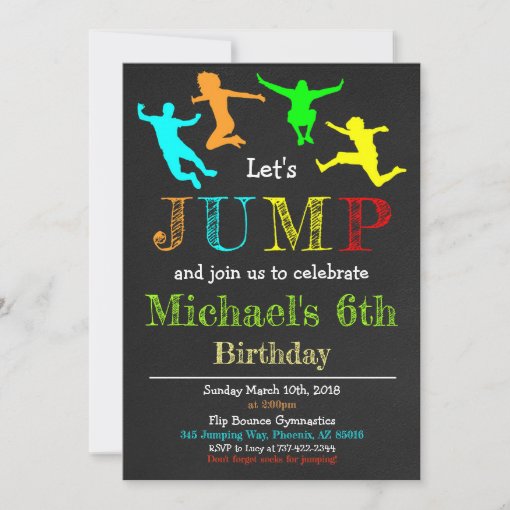 Jump Gymnastics Flip Chalkboard Boy Birthday Invitation | Zazzle
