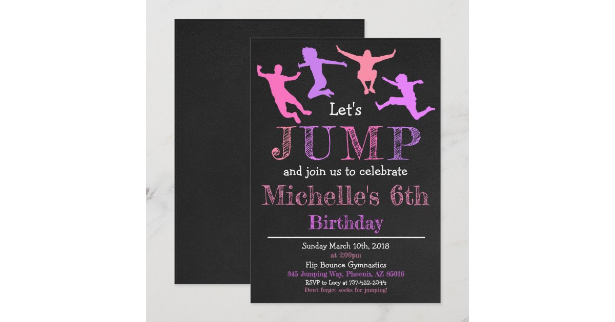 Jump Gymnastics Flip Chalkboard Girl Birthday Invitation | Zazzle