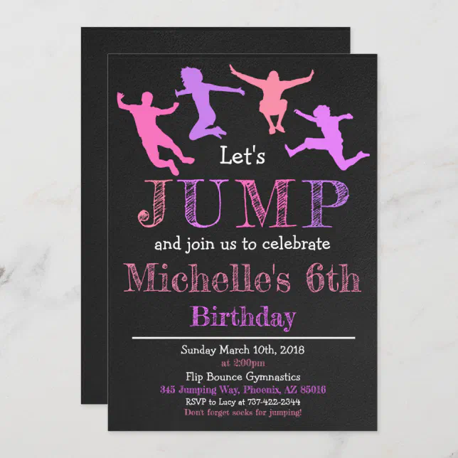 Jump Gymnastics Flip Chalkboard Girl Birthday Invitation | Zazzle