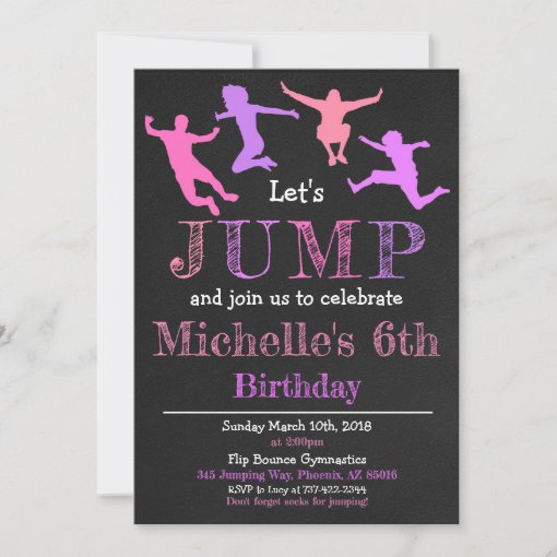 Jump Gymnastics Flip Chalkboard Girl Birthday Invitation | Zazzle