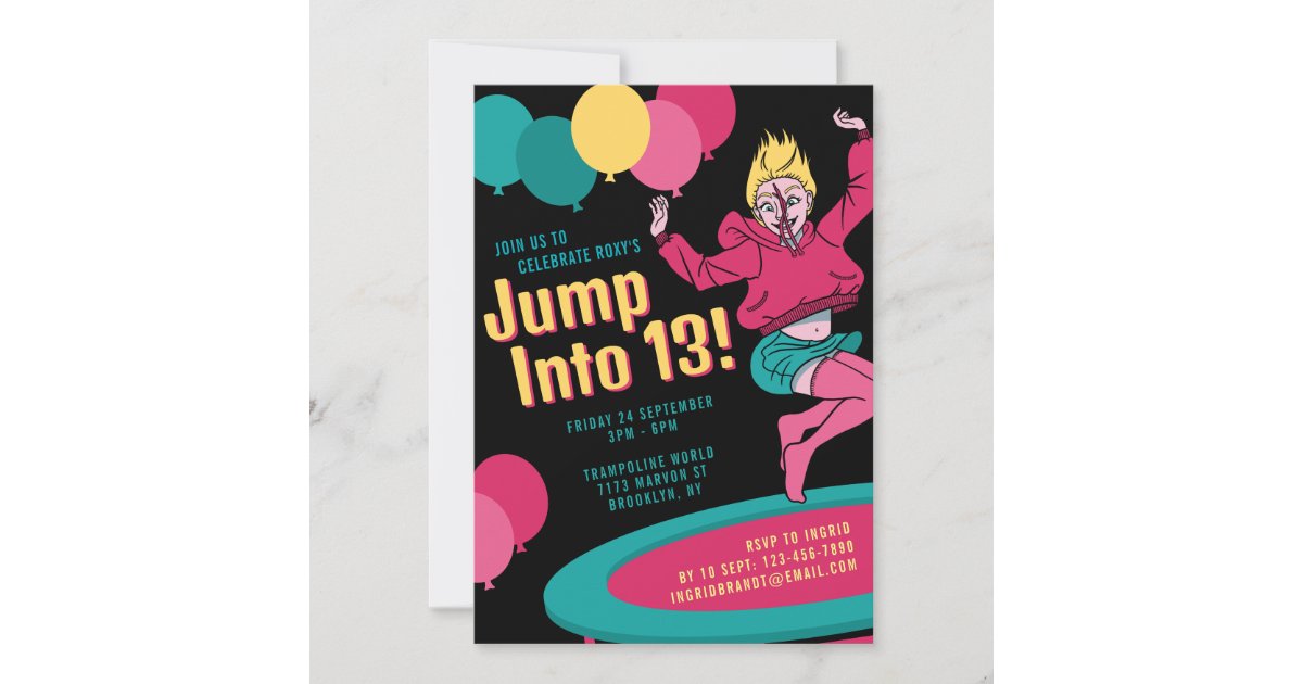 Jump Into 13 Trampoline Girl 13th Birthday Invitation | Zazzle