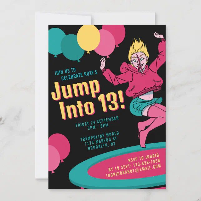 Jump Into 13 Trampoline Girl 13th Birthday Invitation | Zazzle