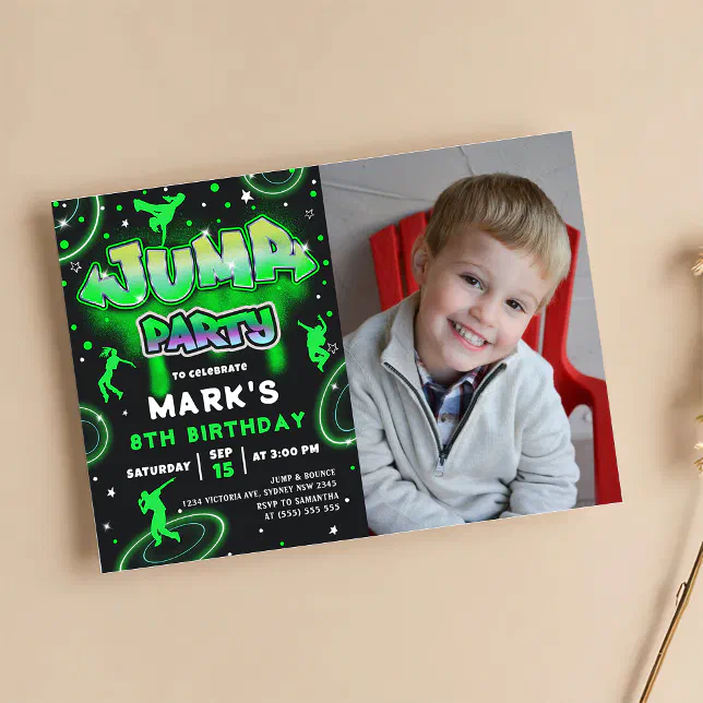 Jump Neon Trampoline Birthday Party Photo Invitation | Zazzle