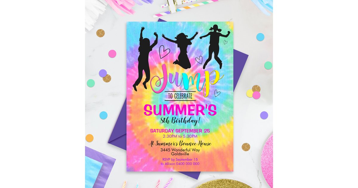 Jump Party Invitation Tie Dye Invitation Bounce | Zazzle