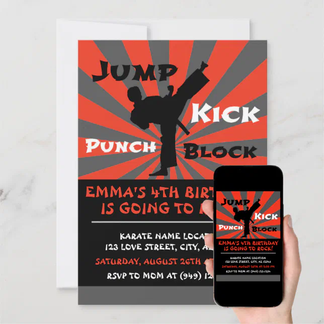 Jump Punch Kick Block Karate Party Birthday Invitation | Zazzle