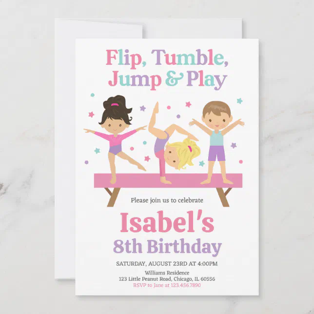 Jump Tumble Gymnastics Birthday Invitation | Zazzle