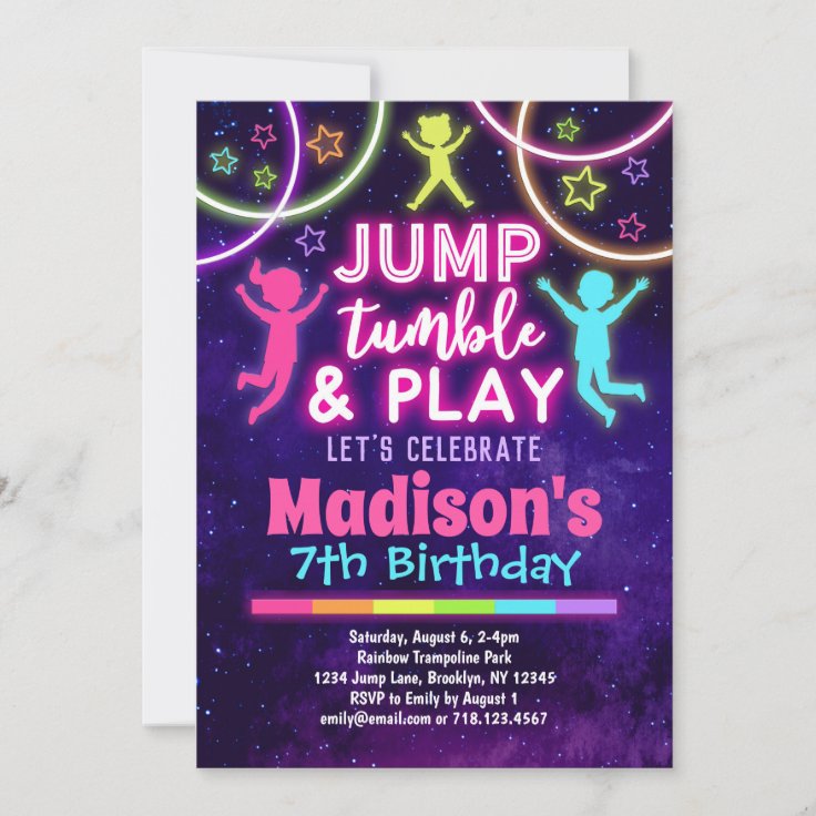 Jump Tumble & Play Trampoline Park Girls Birthday Invitation | Zazzle