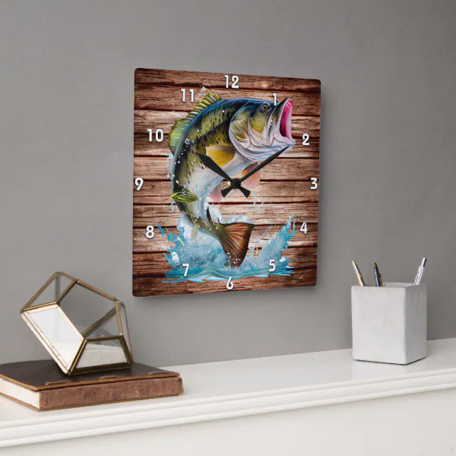 Jumping Bass Gone Fishing Square Wall Clock | Zazzle