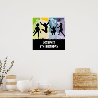 Jumping Kids Trampoline Birthday Party Banner Poster | Zazzle
