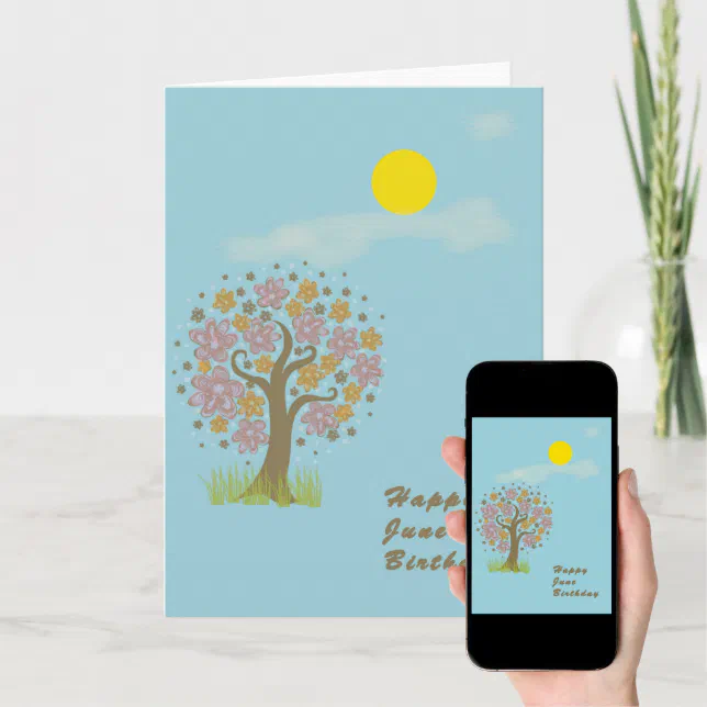 June Birthday Card with Sun & Creative Tree Blank | Zazzle