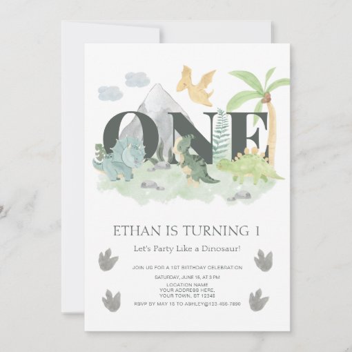 Jungle 1st Birthday Watercolor Dinosaur Party Invitation | Zazzle