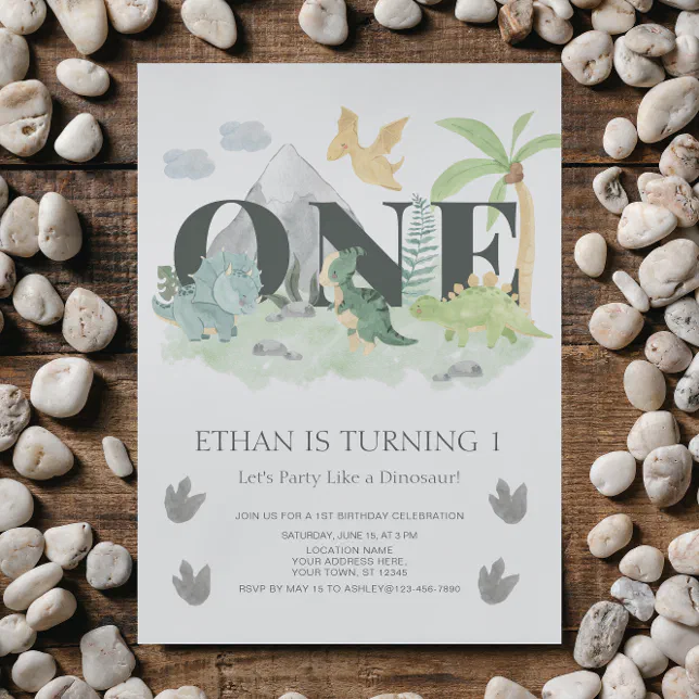Jungle 1st Birthday Watercolor Dinosaur Party Invitation | Zazzle