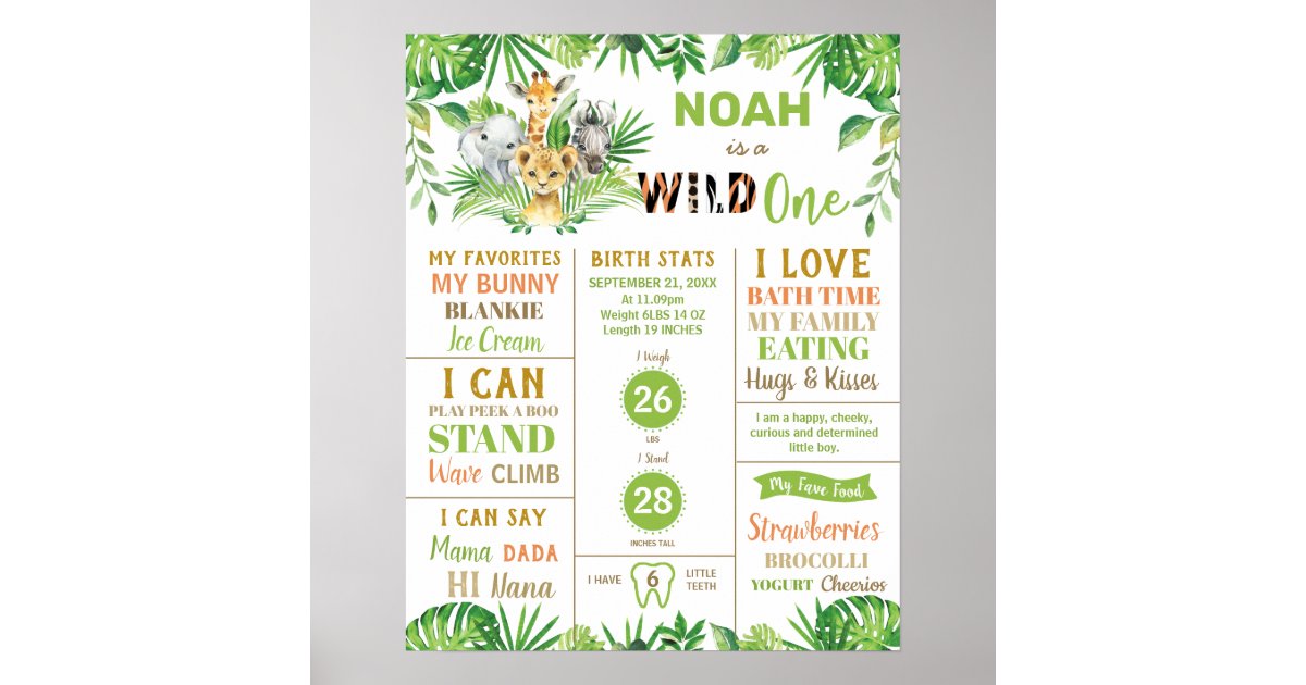 Jungle Animals 1st Birthday Milestone Birth Stats Poster | Zazzle