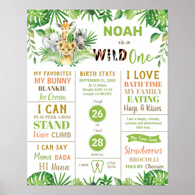 Jungle Animals 1st Birthday Milestone Birth Stats Poster | Zazzle