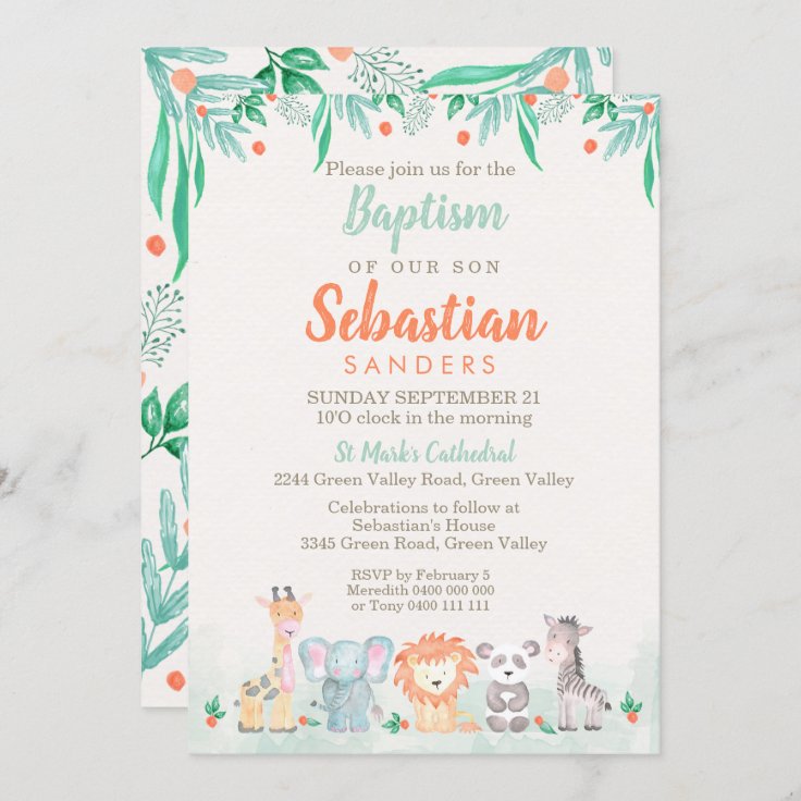Jungle Animals Baptism Invitation | Zazzle