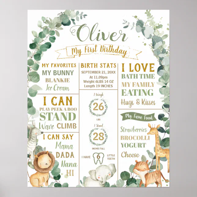 Jungle Animals Birthday Milestone Birth Stats Poster | Zazzle