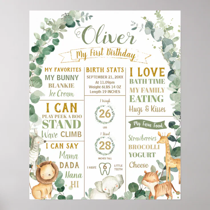 Jungle Animals Birthday Milestone Birth Stats Poster | Zazzle