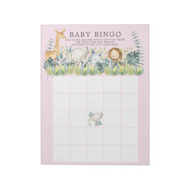Jungle Animals Girls Baby Shower Bingo Game Notepad | Zazzle