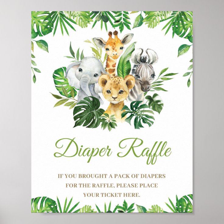 Jungle Animals Greenery Baby Shower Diaper Raffle Poster | Zazzle