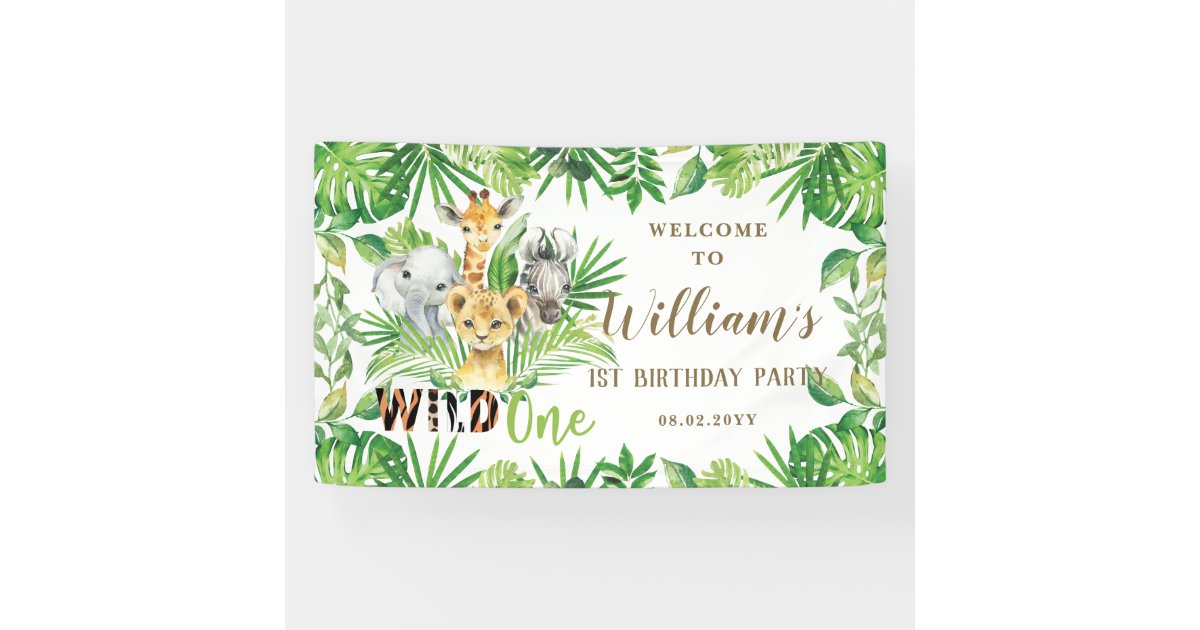 Jungle Animals Greenery Birthday Welcome Backdrop Banner | Zazzle