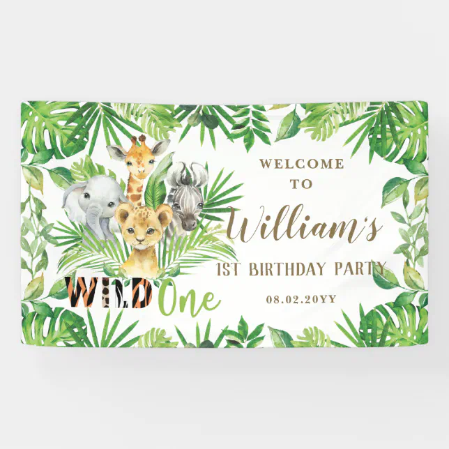 Jungle Animals Greenery Birthday Welcome Backdrop Banner | Zazzle
