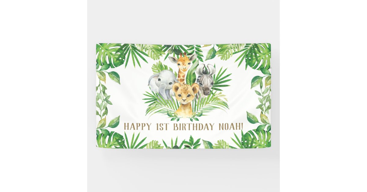 Jungle Animals Greenery Birthday Welcome Backdrop Banner | Zazzle