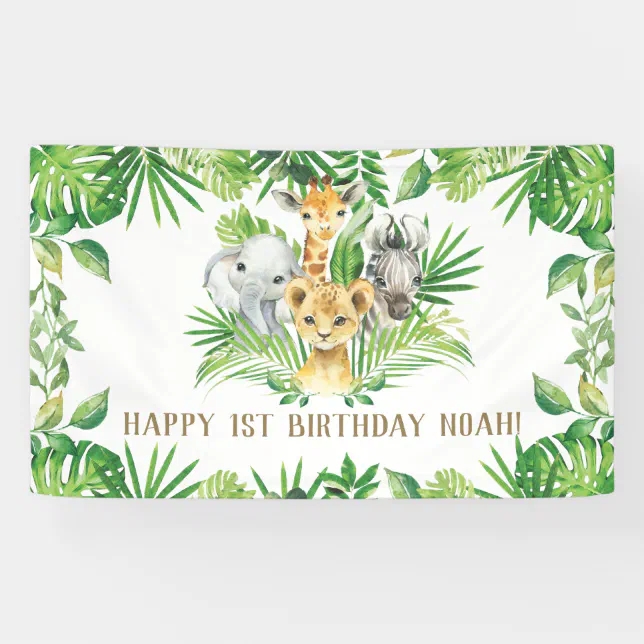 Jungle Animals Greenery Birthday Welcome Backdrop Banner | Zazzle