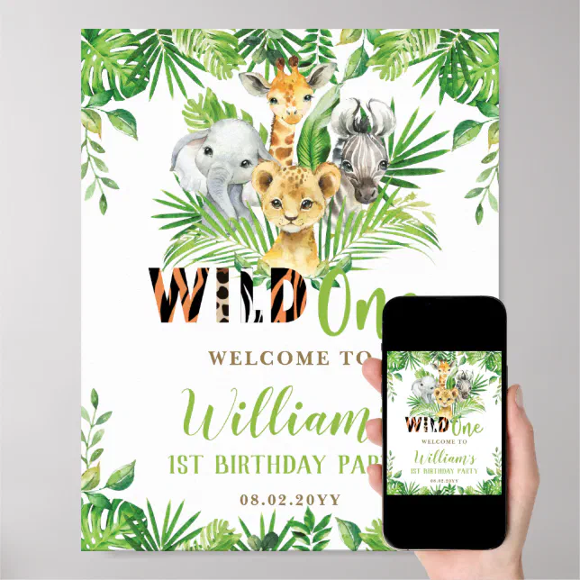 Jungle Animals Greenery Wild One Birthday Welcome Poster | Zazzle