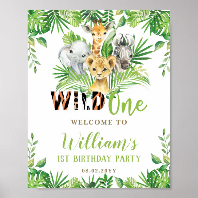 Jungle Animals Greenery Wild One Birthday Welcome Poster | Zazzle