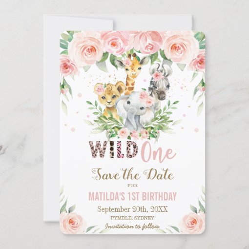 Jungle Animals Pink Floral Save the Date Card | Zazzle