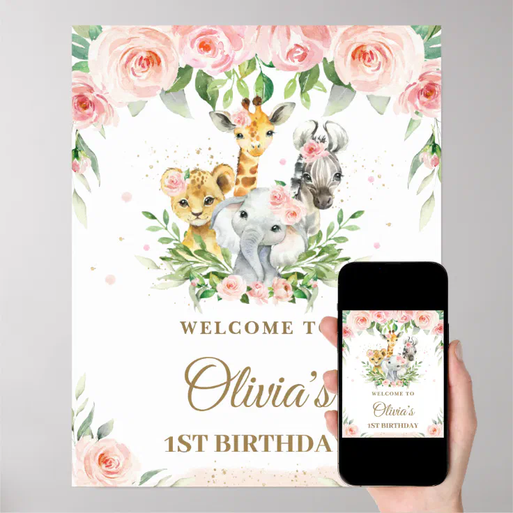 Jungle Animals Safari Blush Pink Floral Welcome Poster | Zazzle