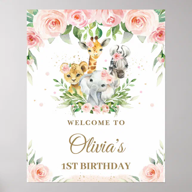 Jungle Animals Safari Blush Pink Floral Welcome Poster | Zazzle
