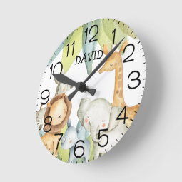 Jungle Animals Safari Personalized Nursery Round Clock | Zazzle