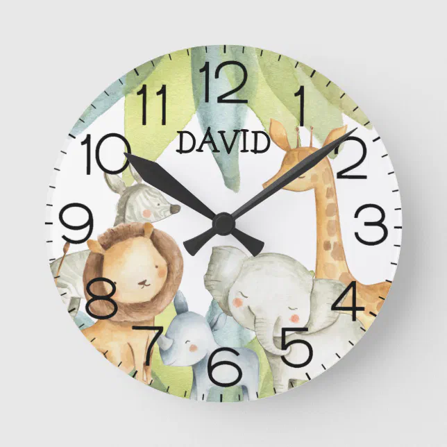 Jungle Animals Safari Personalized Nursery Round Clock | Zazzle