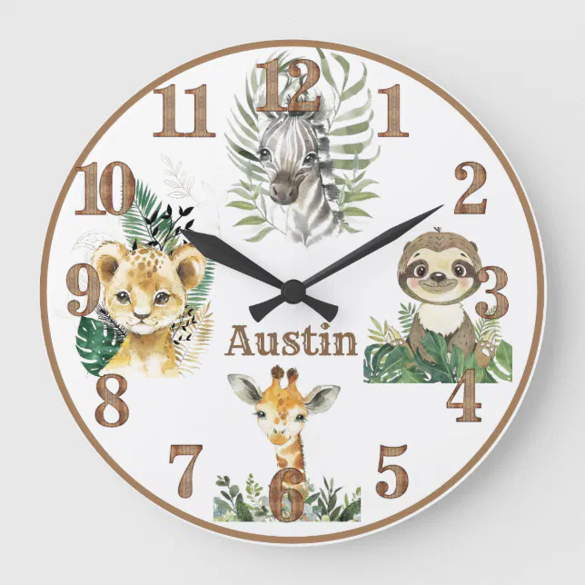 Jungle Animals Safari Personalized Nursery Round Large Clock | Zazzle