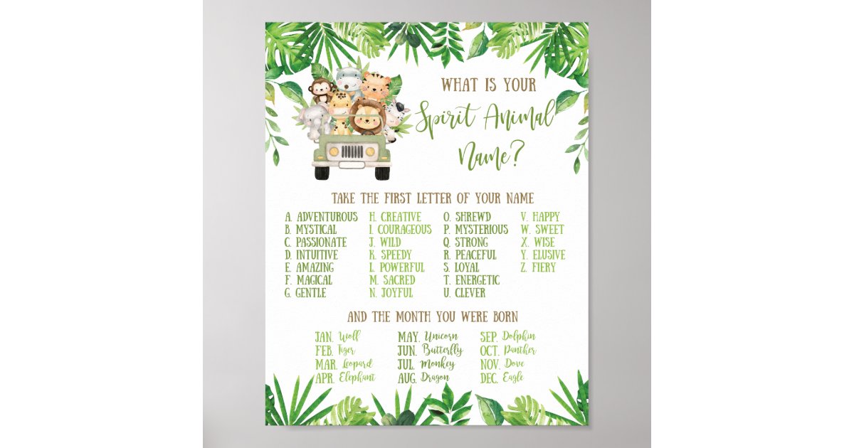 Jungle Animals What's Your Spirit Animal Name Game Poster | Zazzle