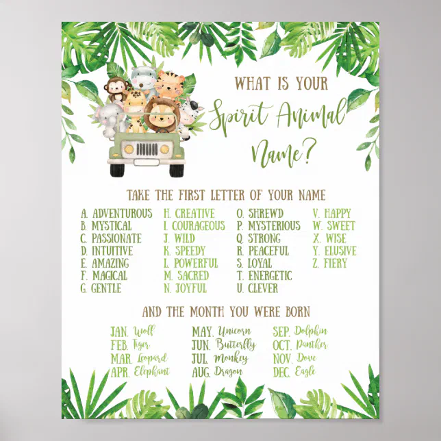 Jungle Animals What's Your Spirit Animal Name Game Poster | Zazzle