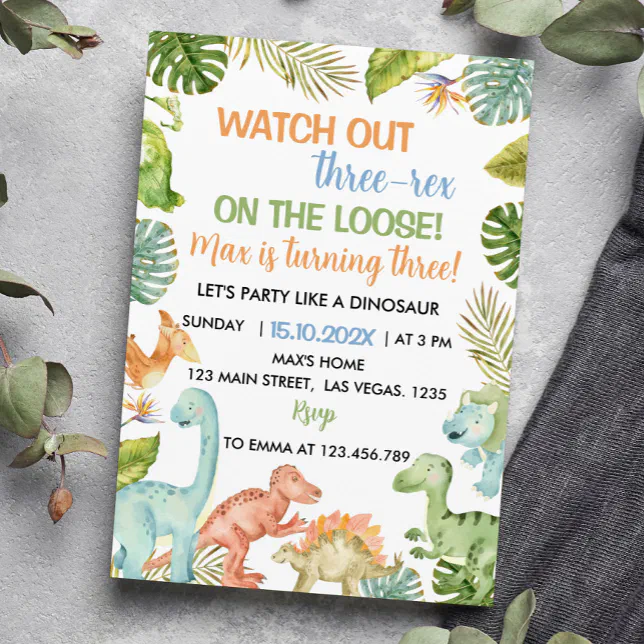 Jungle Dinosaur Three-rex Birthday Invitation | Zazzle