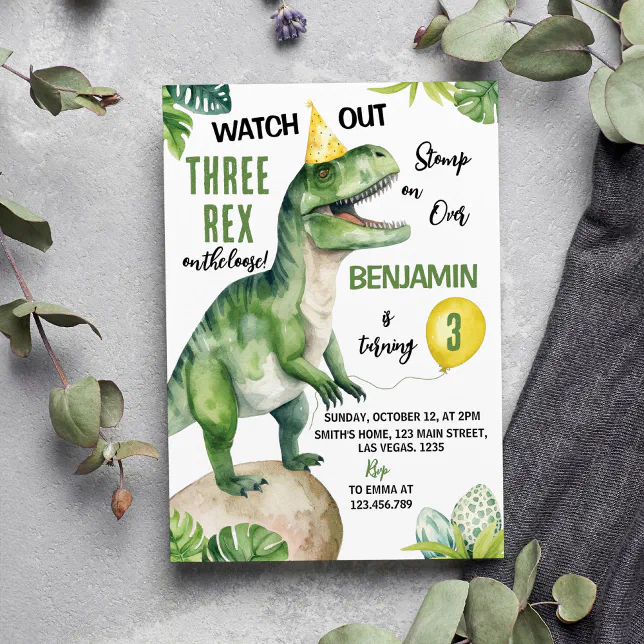 Jungle Dinosaur Three-rex Birthday Invitation | Zazzle