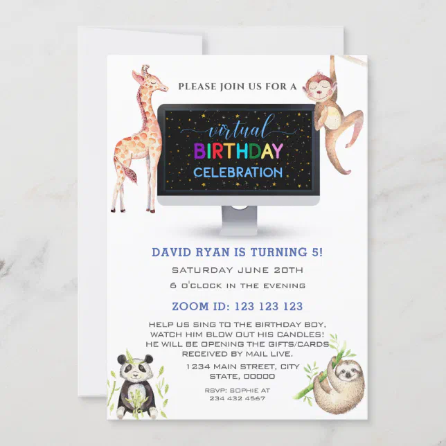 Jungle Forest Friends Boy Virtual Birthday Party Invitation | Zazzle