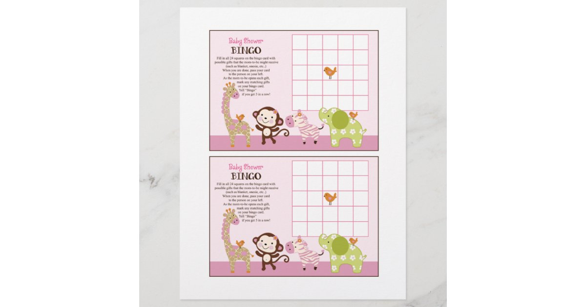 Jungle Jill Girl Animals "Baby Shower Bingo" sheet | Zazzle