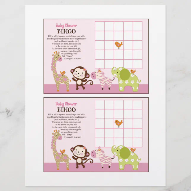 Jungle Jill Girl Animals "Baby Shower Bingo" sheet | Zazzle