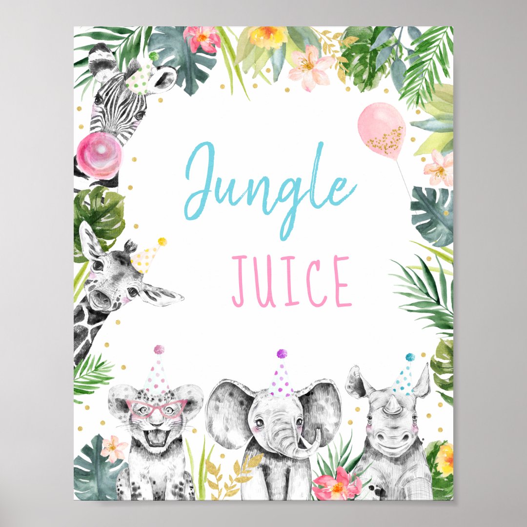 Jungle Juice Pink Gold Tropical Safari Birthday Poster | Zazzle