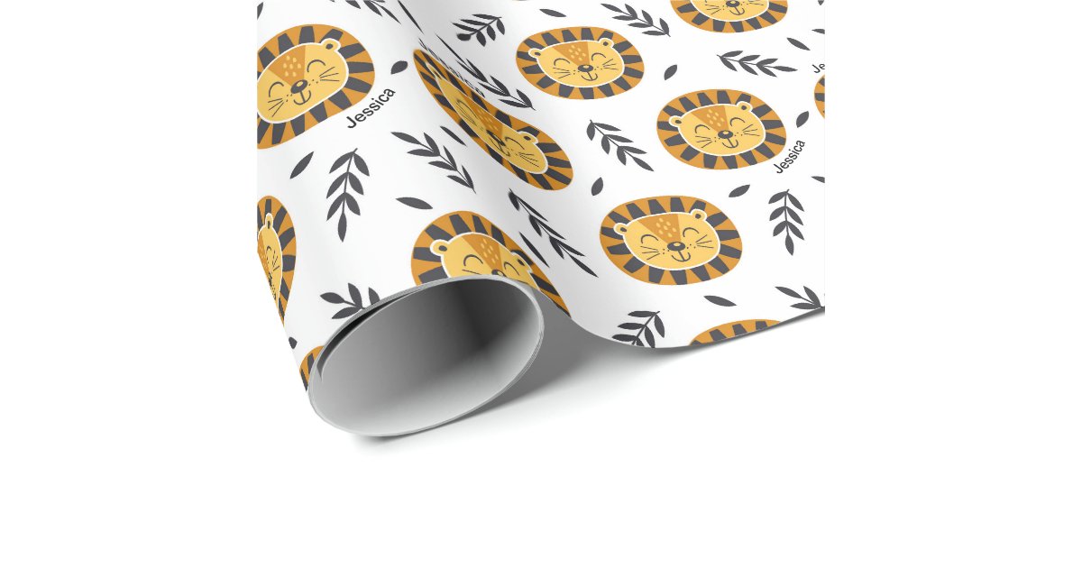 Jungle Lion Pattern with Kids Name Wrapping Paper | Zazzle
